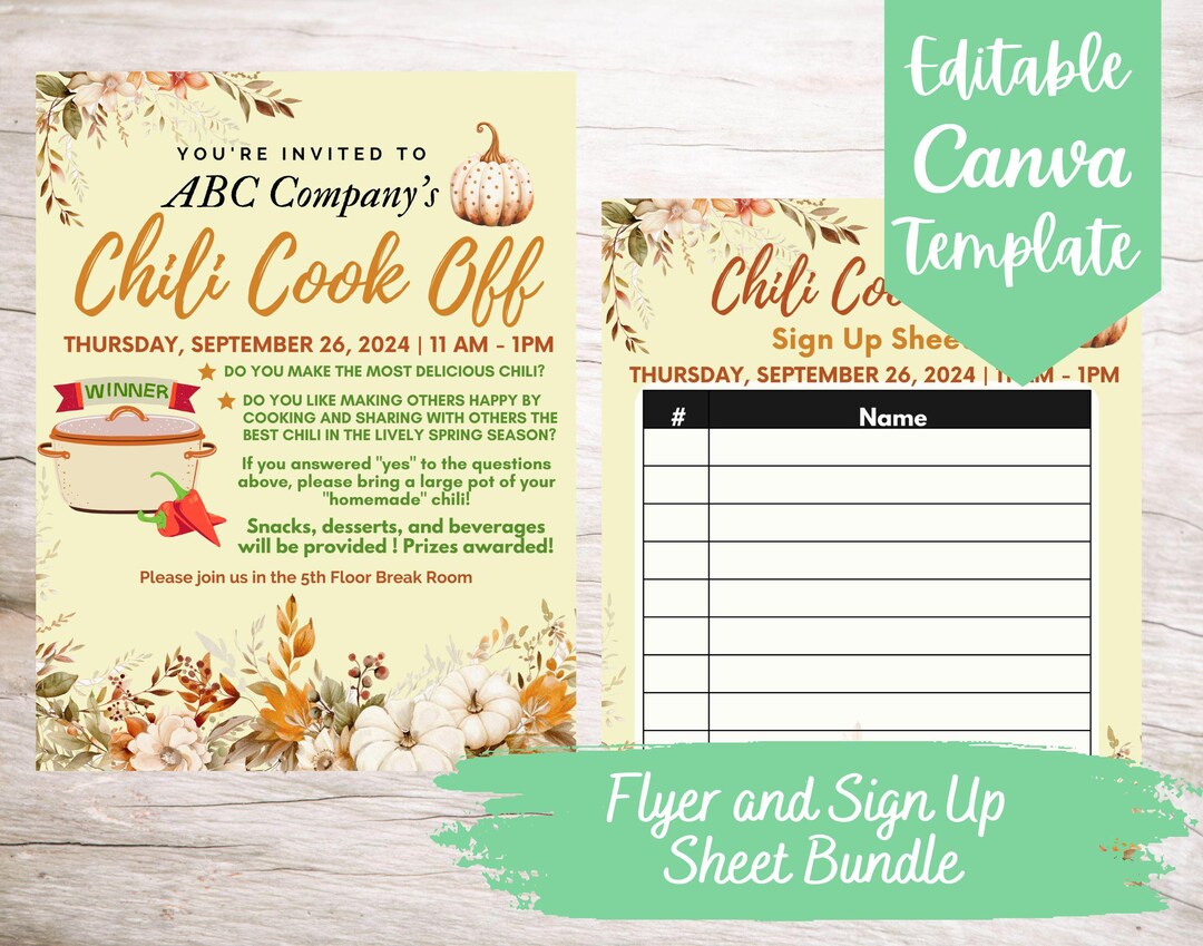 Fall Chili Cook off With Pumpkins Flyer and Sign up Sheet Template ...