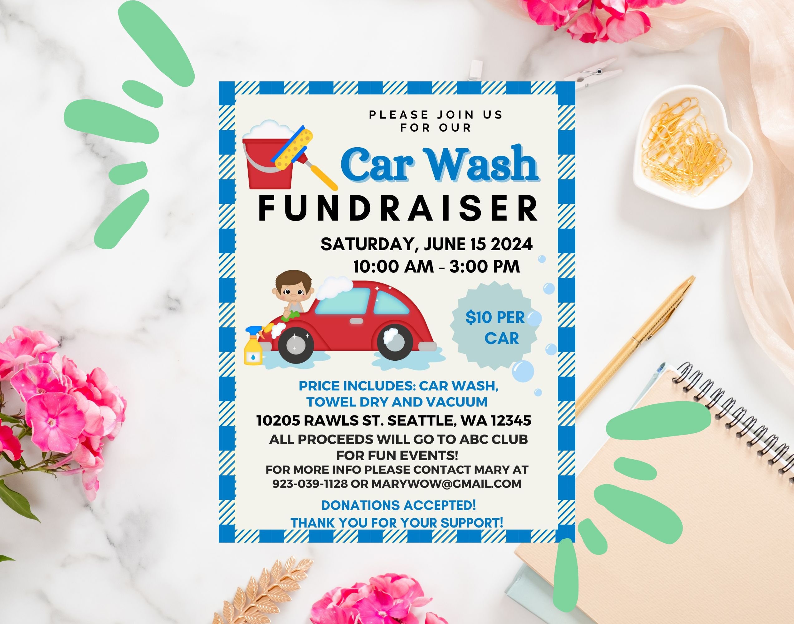 Car Wash Fundraiser Flyer and Event Sign Template Bundle, Editable and ...