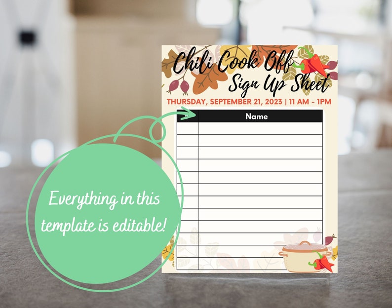 EDITABLE and Printable Chili Cook off Sign up Sheet Template, Instant ...