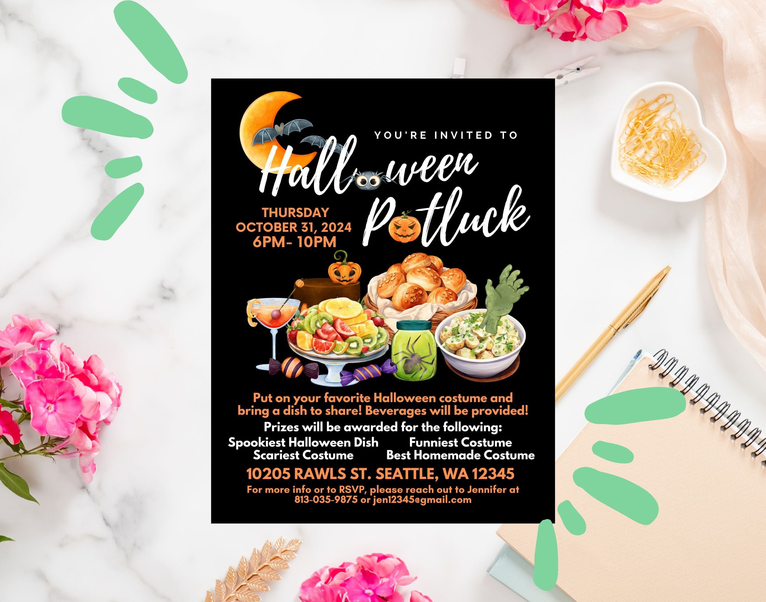 Spooky Halloween Potluck Event Invitation Flyer Template, Editable and ...