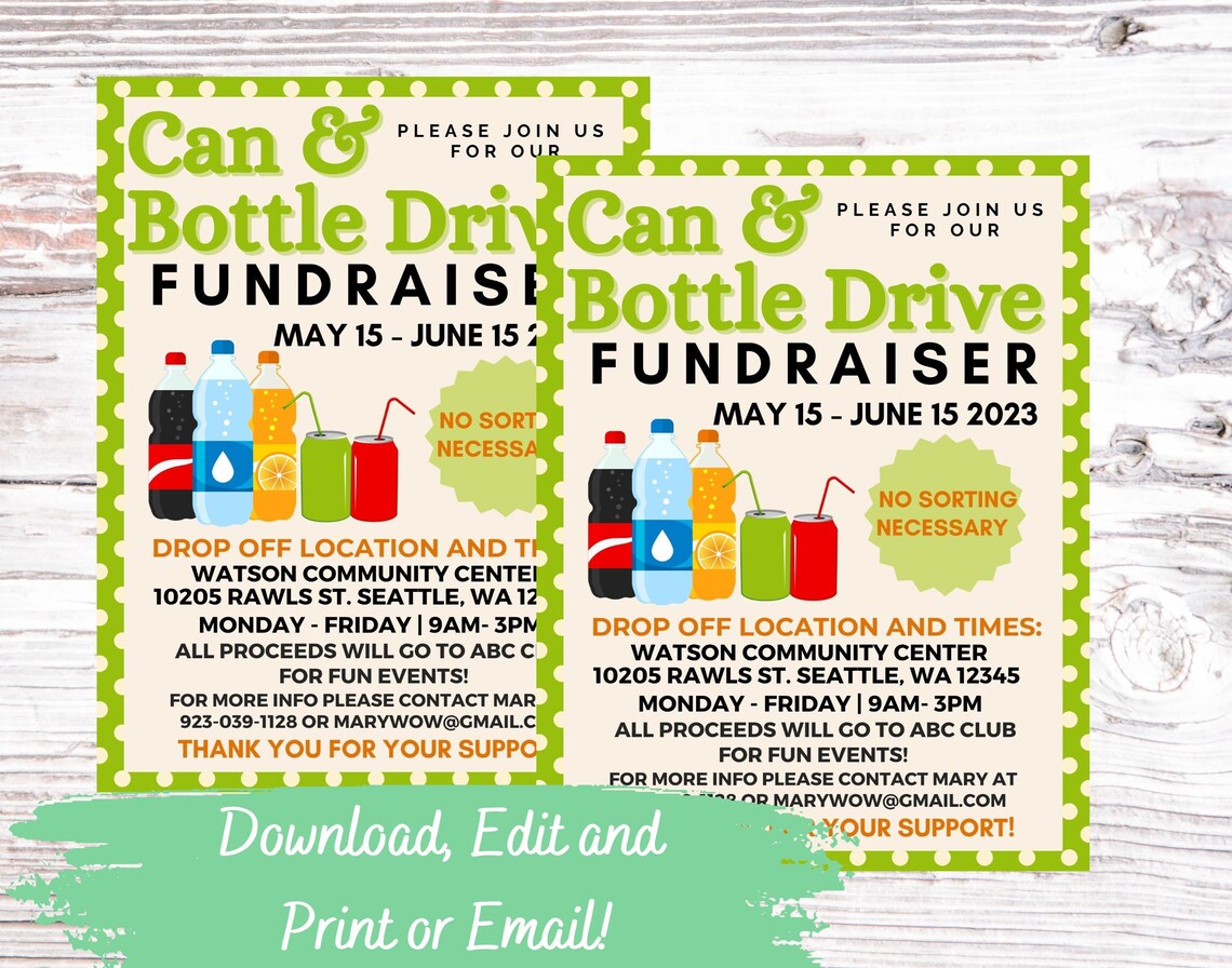 EDITABLE and Printable Can and Bottle Drive Fundraiser Flyer Template ...
