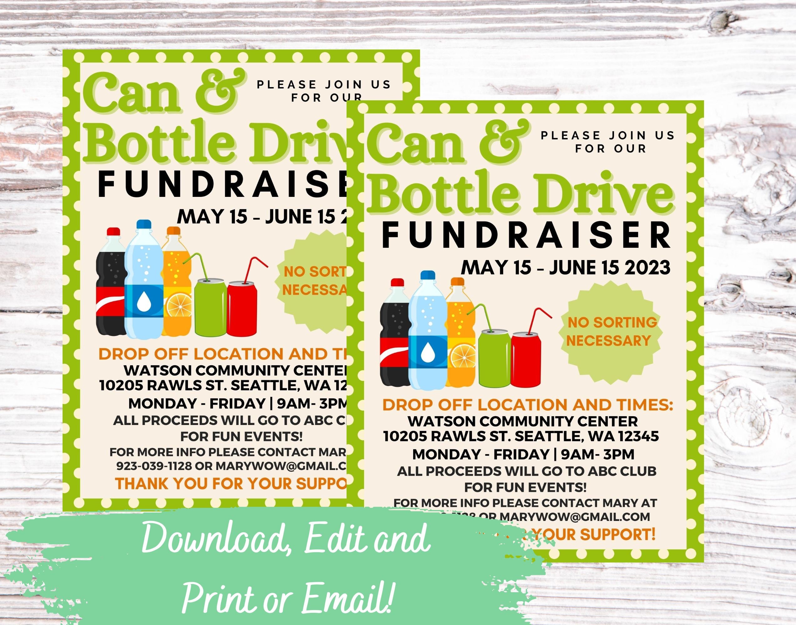 EDITABLE and Printable Can and Bottle Drive Fundraiser Flyer Template ...