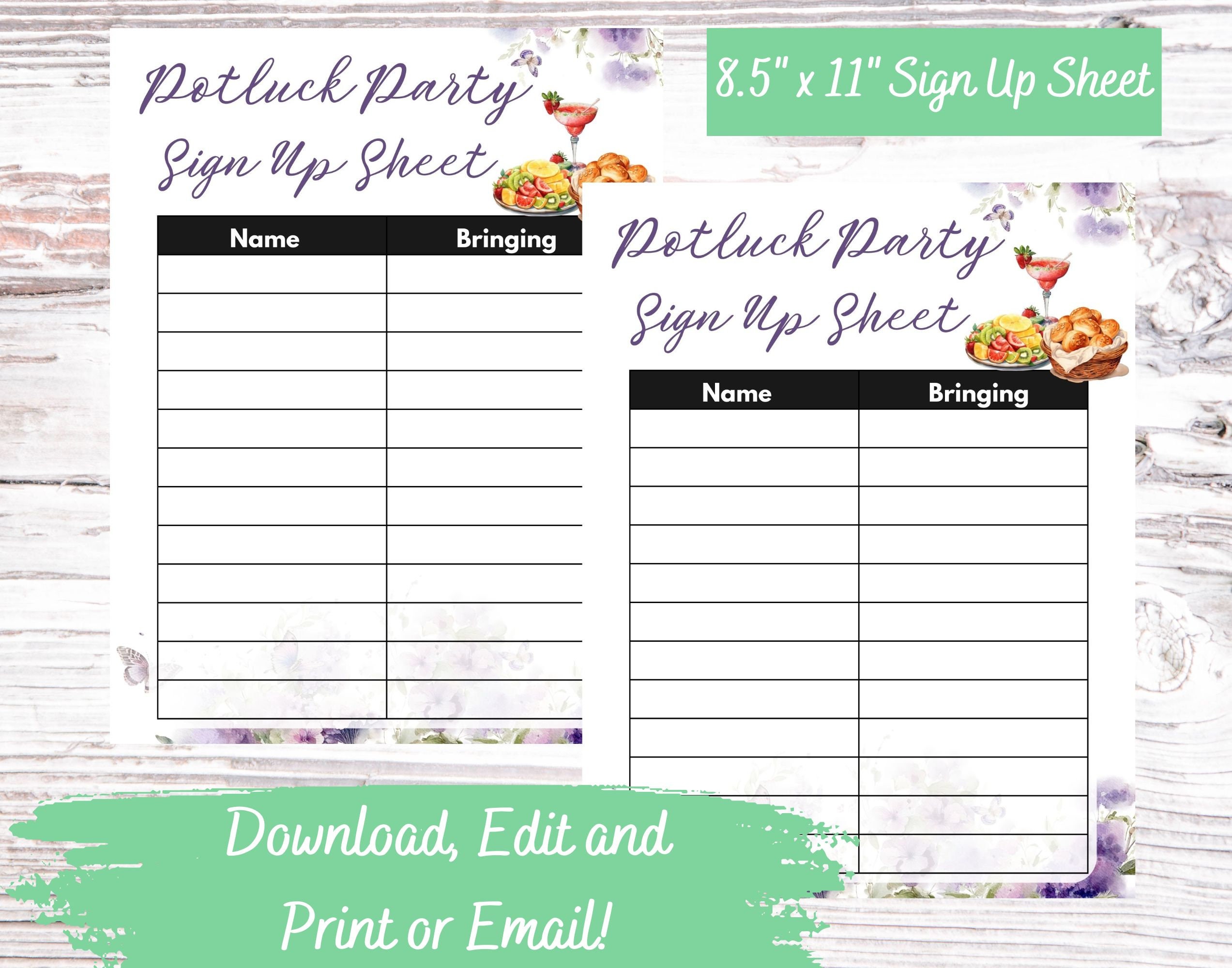 Spring Potluck Party Sign up Sheet Template, Editable and Printable ...