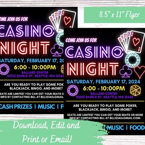EDITABLE and Printable Neon Casino Night Event Flyer Template, Instant ...