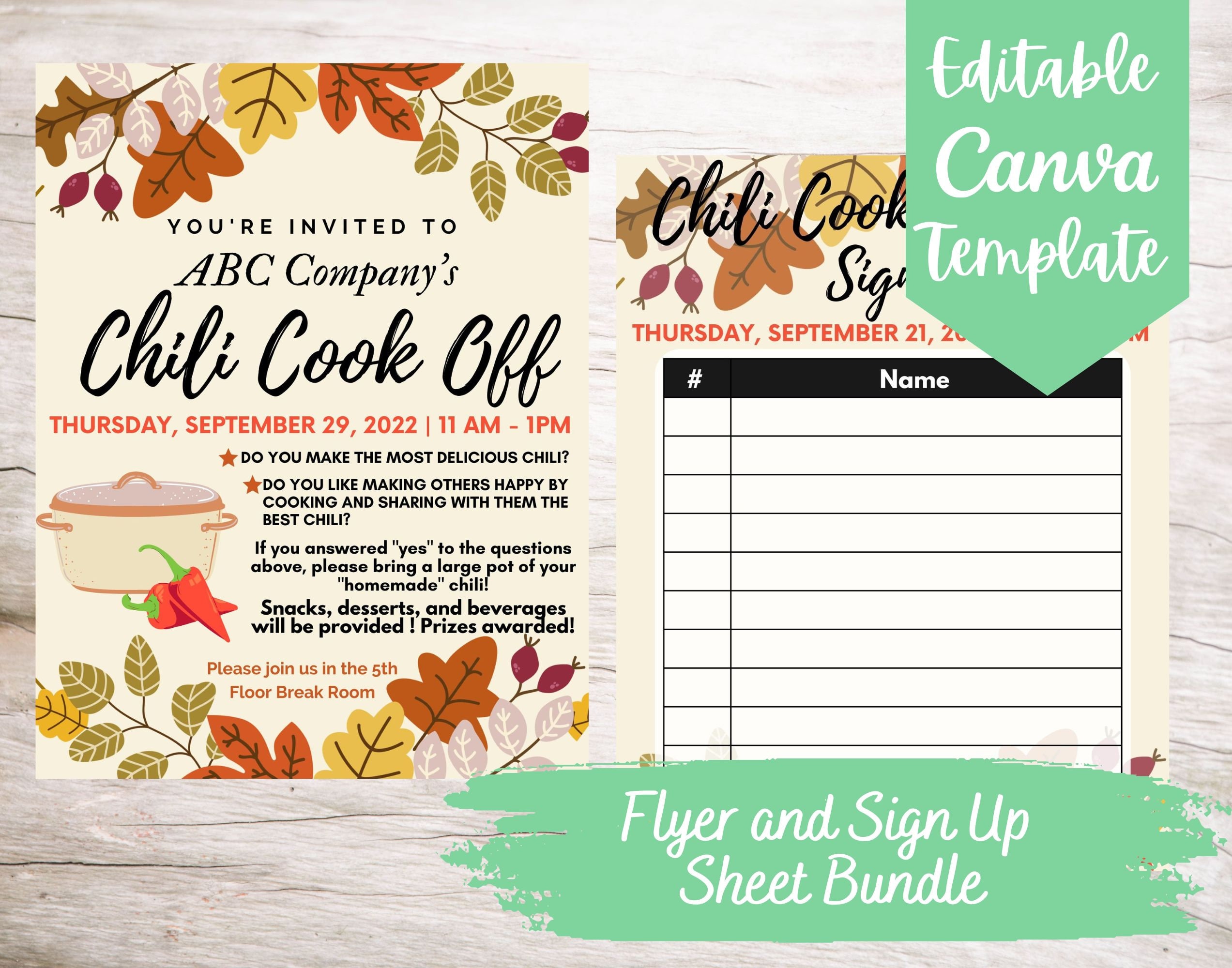 EDITABLE and Printable Chili Cook off Flyer and Sign up Sheet Template ...