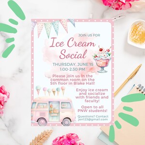 Pink Ice Cream Social Invitation Flyer Template, Editable and Printable ...
