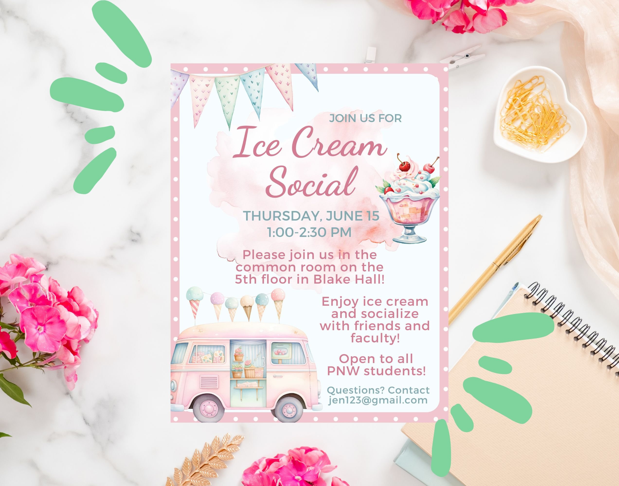 Pink Ice Cream Social Invitation Flyer Template, Editable and Printable ...