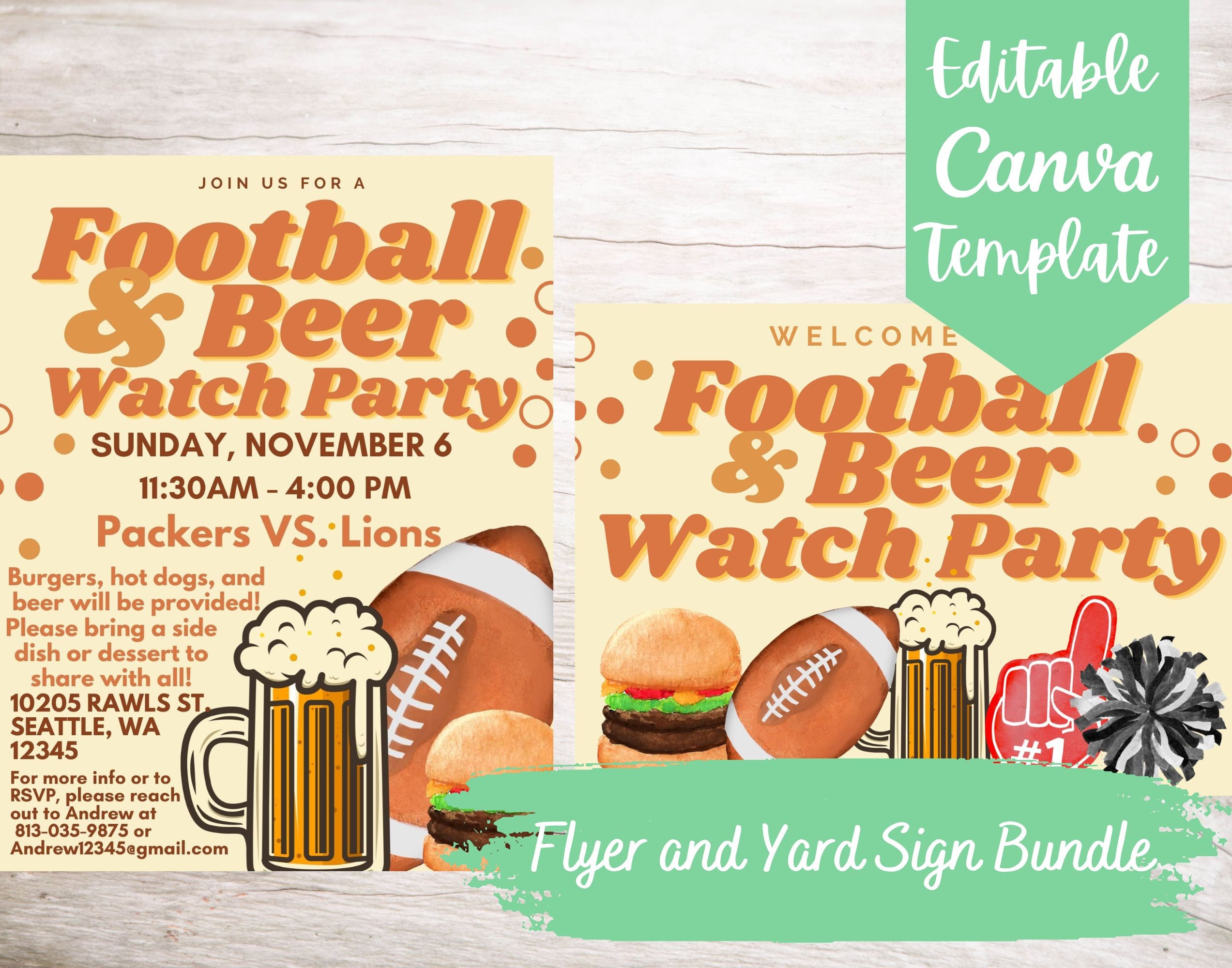 Editable and Printable Football & Beer Watch Party Flyer and Yard Sign ...