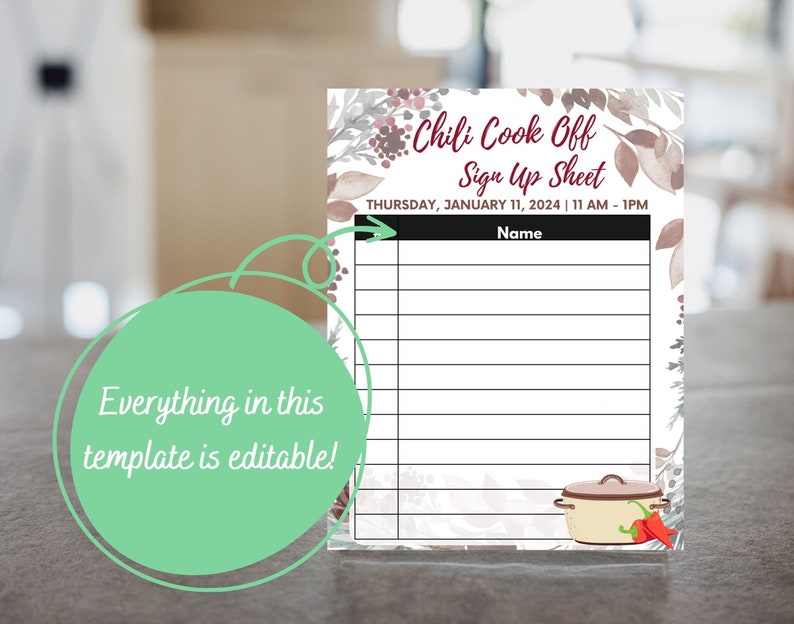 EDITABLE and Printable Winter Chili Cook off Sign up Sheet Template ...