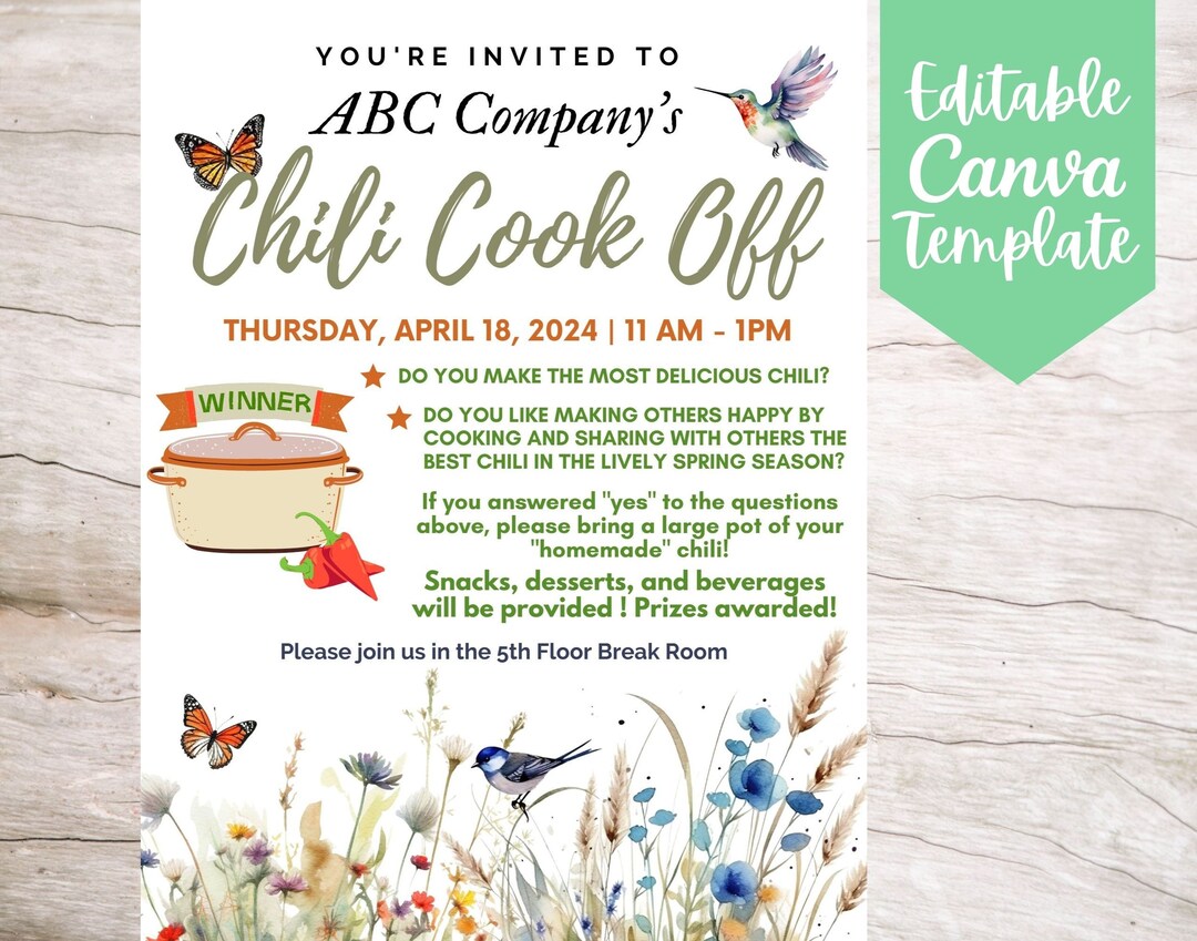 Spring Chili Cook off Invitation Flyer Template (editable and Printable ...