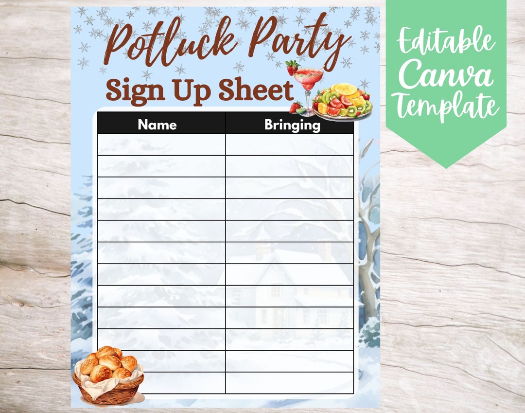 Snowflakes Potluck Party Sign up Sheet Template, Editable and Printable ...