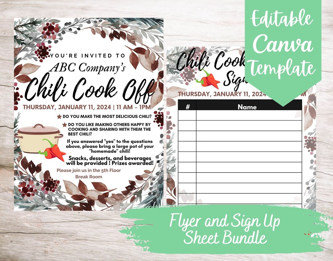 EDITABLE and Printable Winter Chili Cook off Flyer and Sign up Sheet ...