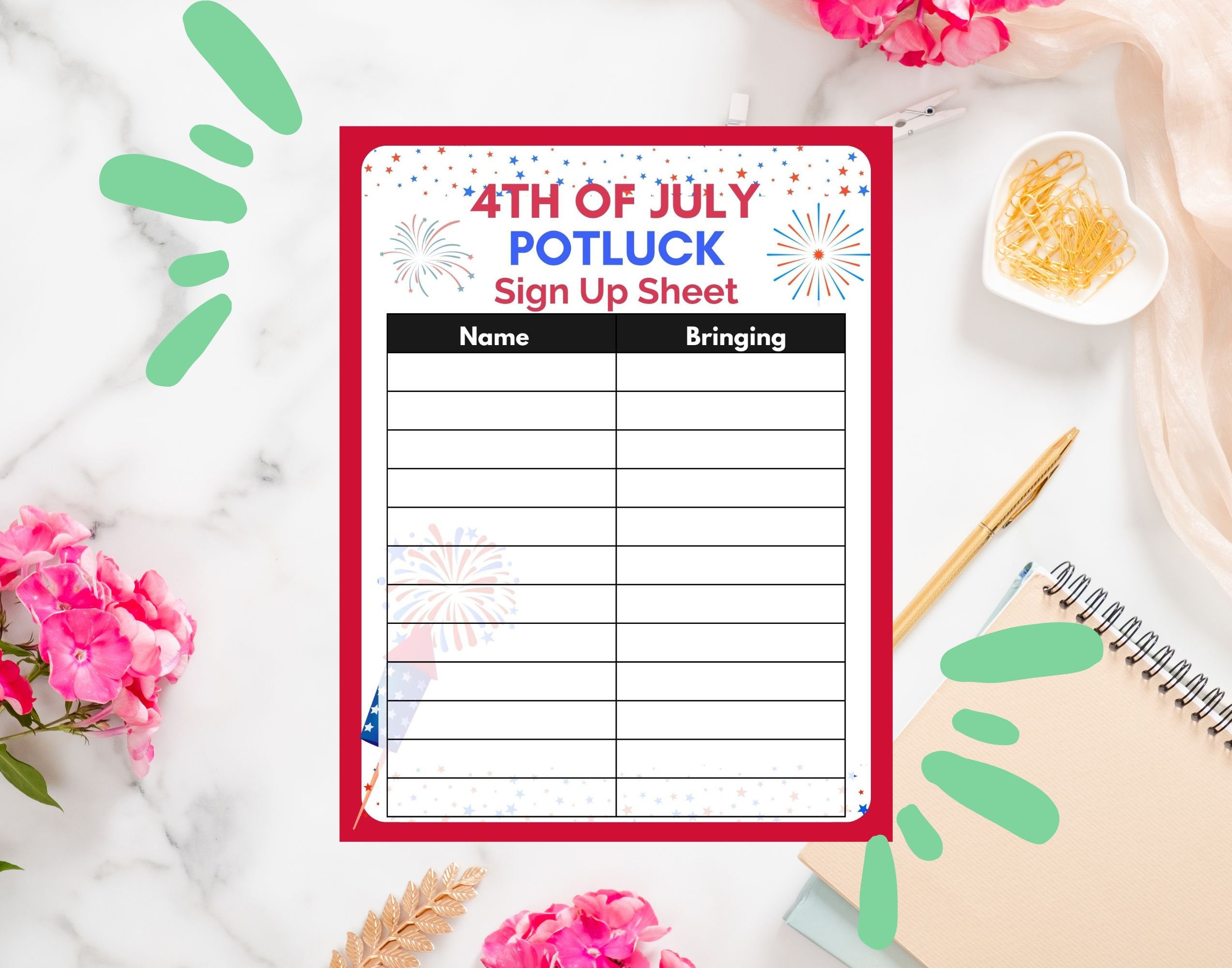 4th of July Red Potluck Sign up Sheet Template, Editable and Printable ...