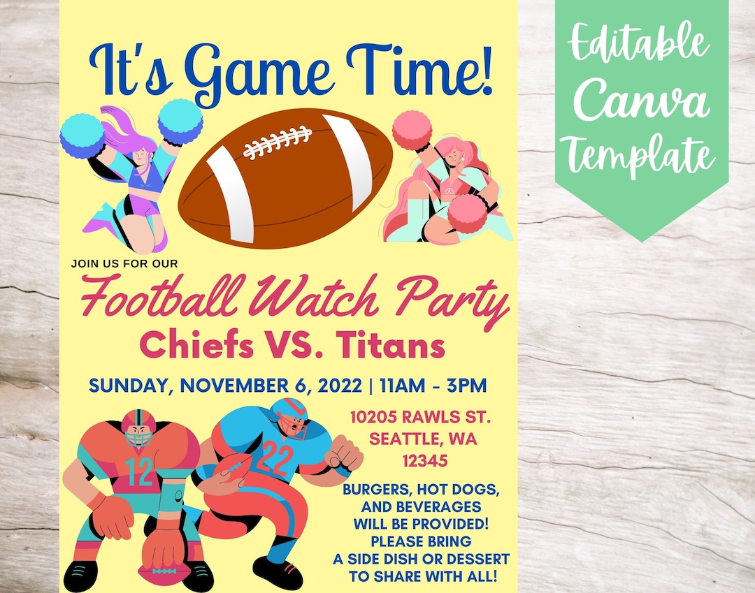 Editable and Printable Game Time Football Watch Party Invitation Flyer ...