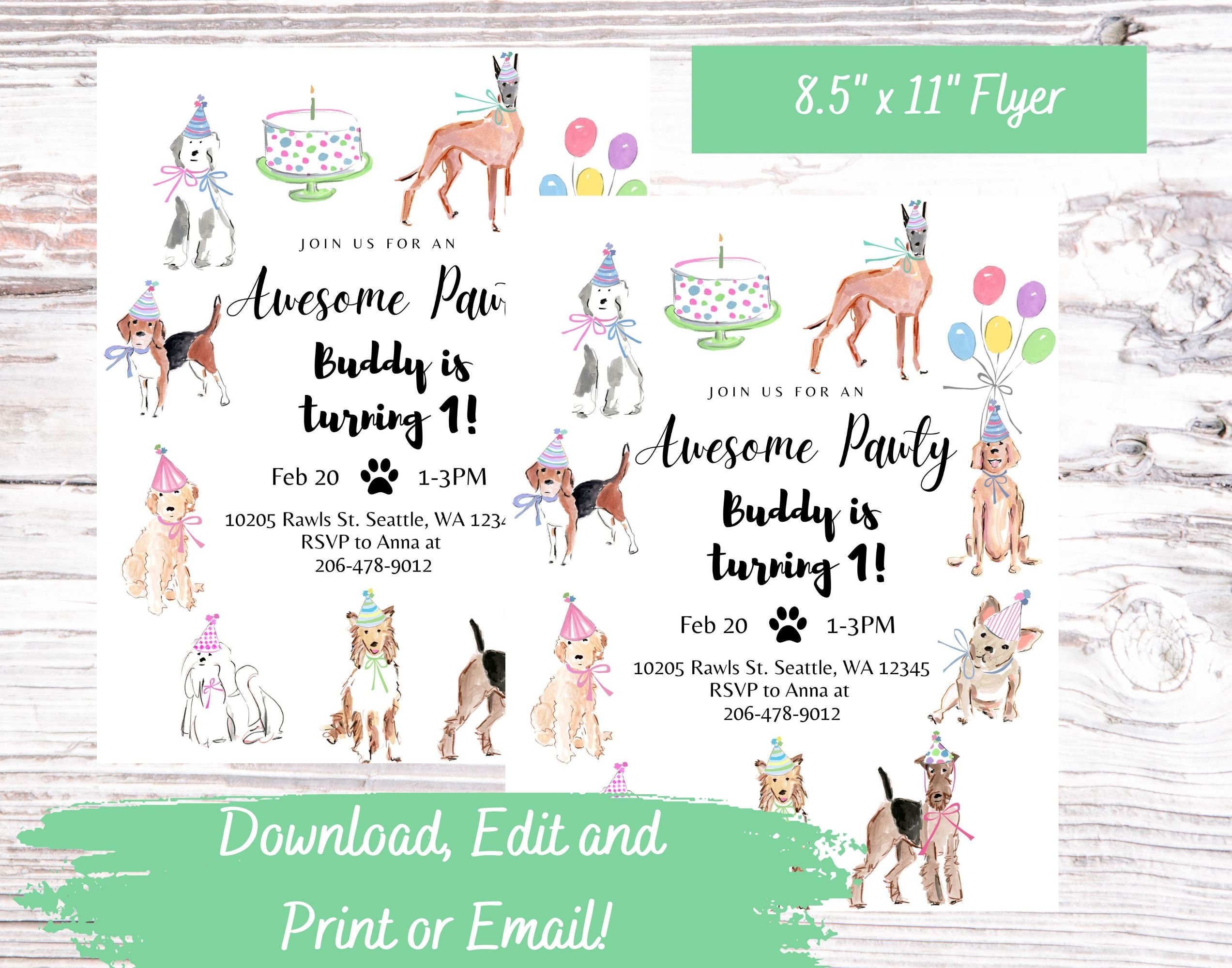 EDITABLE and Printable Dog Birthday Party Invitation Flyer Template ...