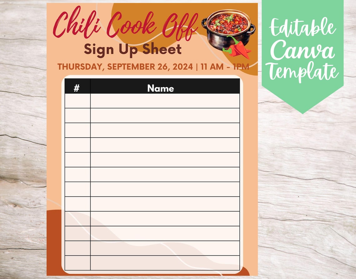 Chili Cook off Sign up Sheet Template, Editable and Printable Instant ...