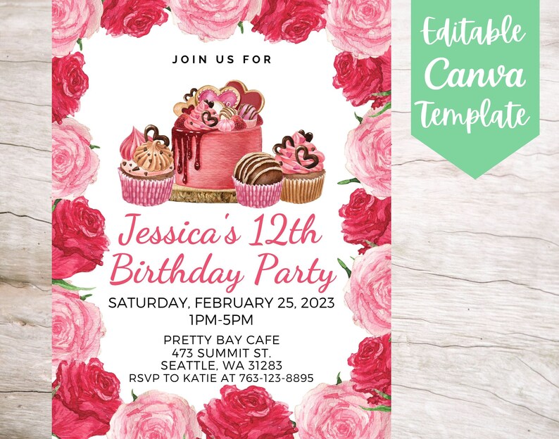 EDITABLE and Printable Rose Birthday Party Invitation Flyer Template ...