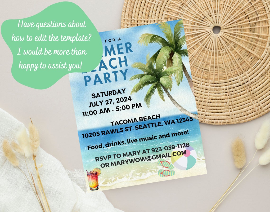 Summer Beach Party Event Invitation Flyer Template, Editable and ...