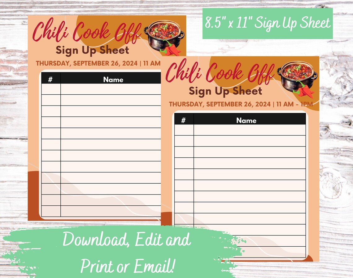 Chili Cook off Sign up Sheet Template, Editable and Printable Instant ...