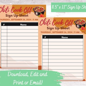 Chili Cook off Sign up Sheet Template, Editable and Printable Instant ...