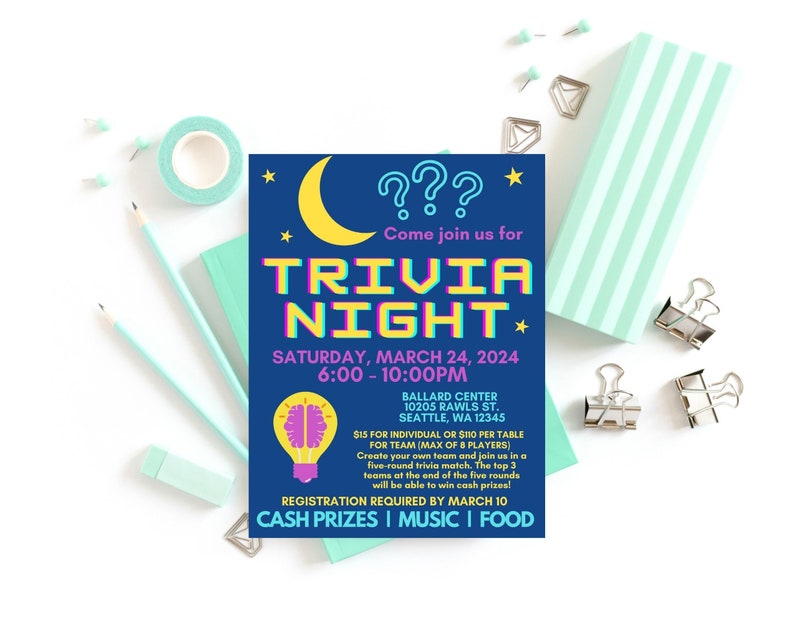 Trivia Night Event Invitation Flyer Template editable and Printable ...