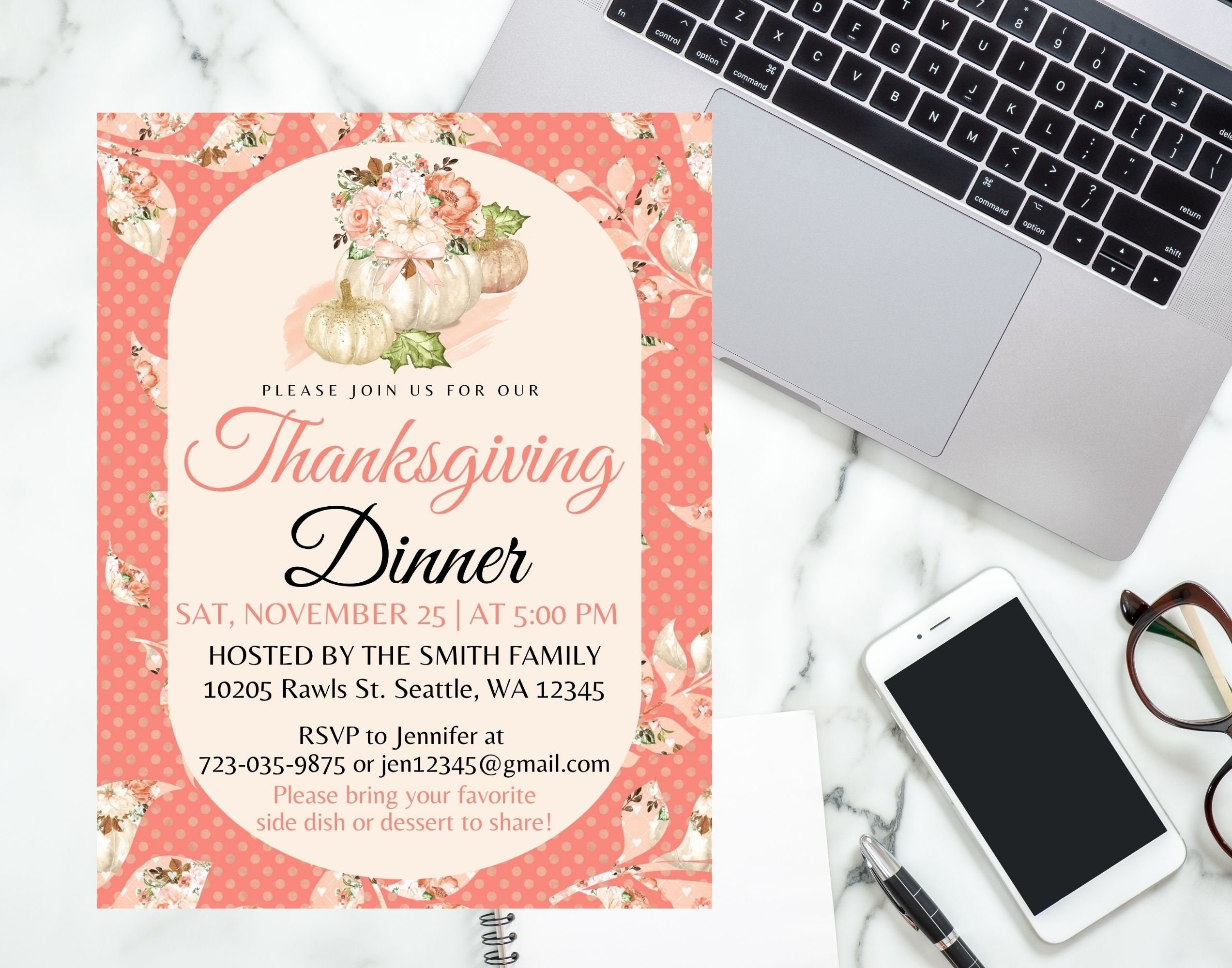 EDITABLE and Printable Pink Floral Thanksgiving Dinner Invitation ...