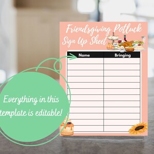 EDITABLE and Printable Cute Friendsgiving Potluck Event Sign up Sheet ...