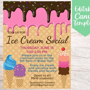 Ice Cream Social Event Invitation Flyer Template, Editable and ...