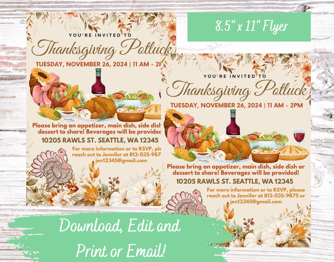 Thanksgiving Potluck Event Invitation Flyer Template, Editable and ...