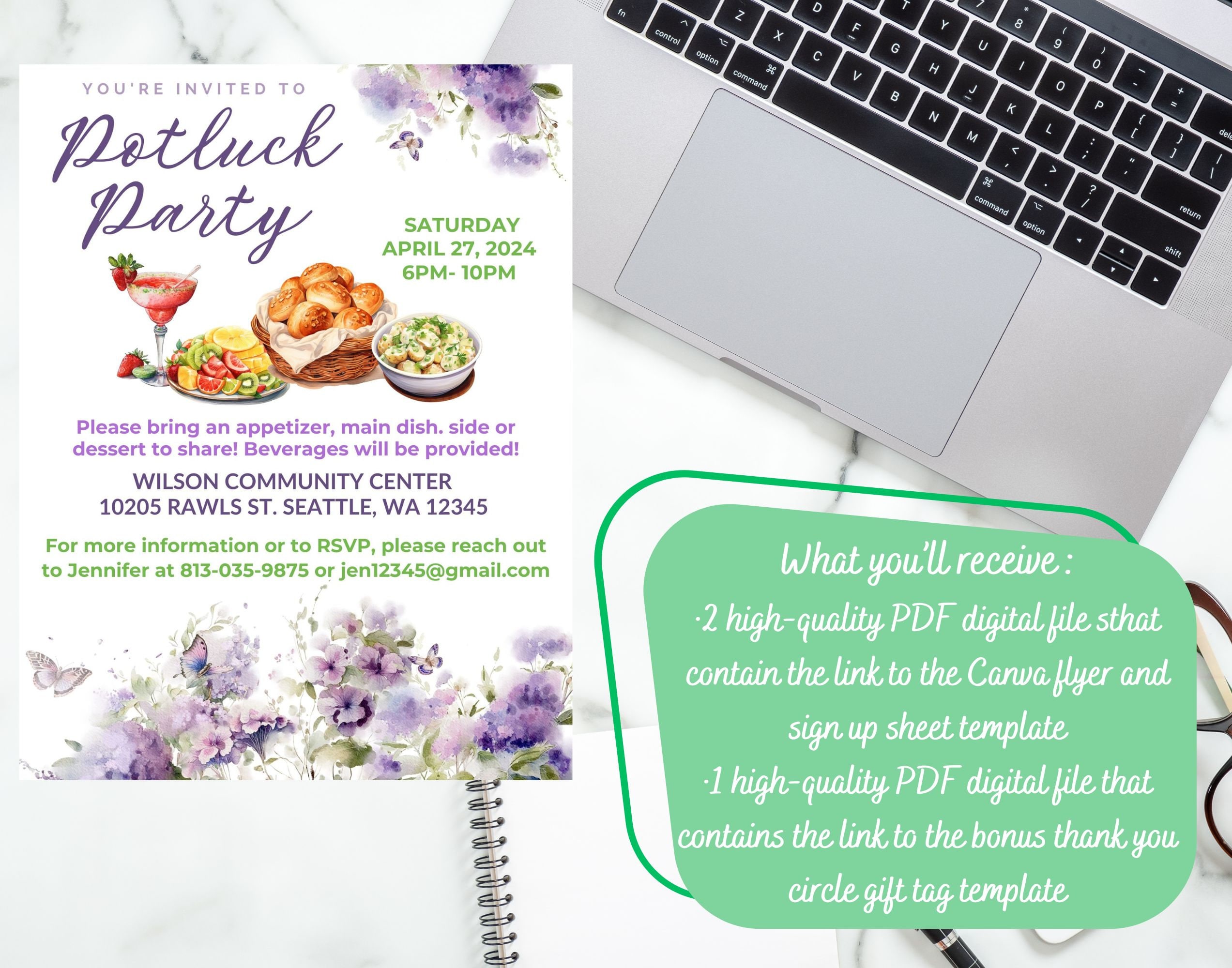 Spring Potluck Party Event Flyer and Sign up Sheet Template Bundle ...