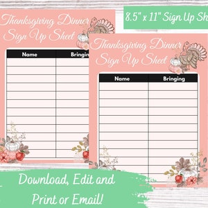 EDITABLE and Printable Fall Thanksgiving Dinner Sign up Sheet Template ...