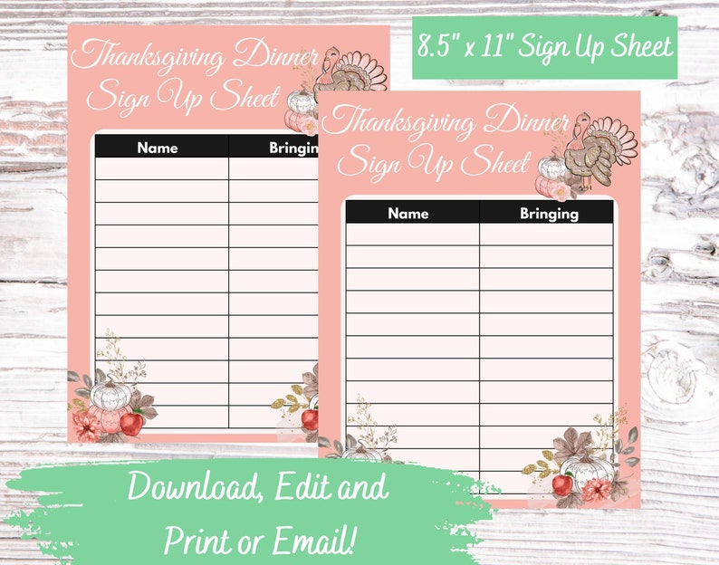 EDITABLE and Printable Fall Thanksgiving Dinner Sign up Sheet Template ...