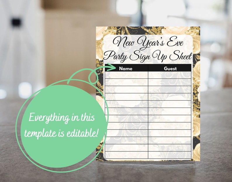 EDITABLE and Printable Gold New Year's Eve Party Sign up Sheet Template ...