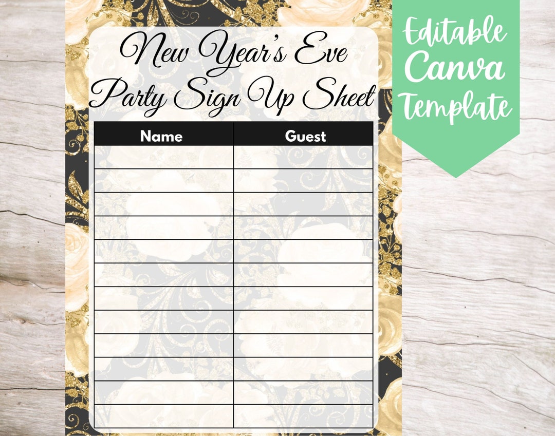 EDITABLE and Printable Gold New Year's Eve Party Sign up - Etsy