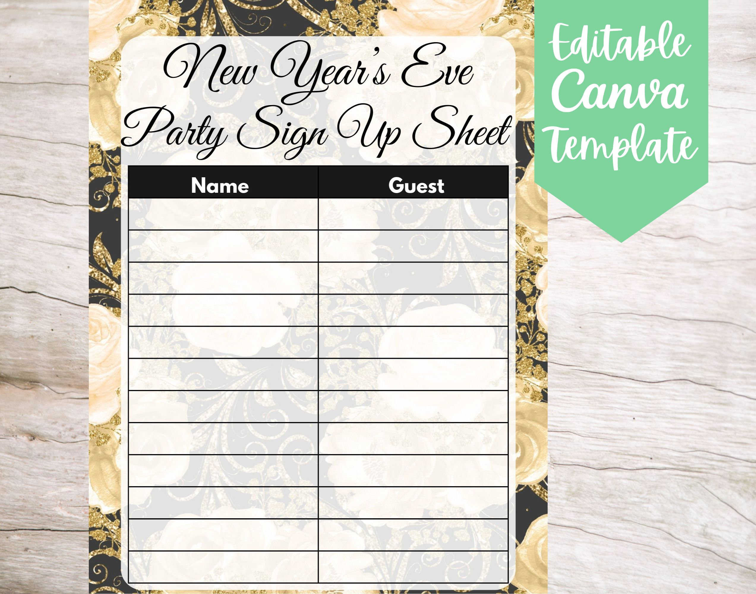 EDITABLE and Printable Gold New Year's Eve Party Sign up - Etsy