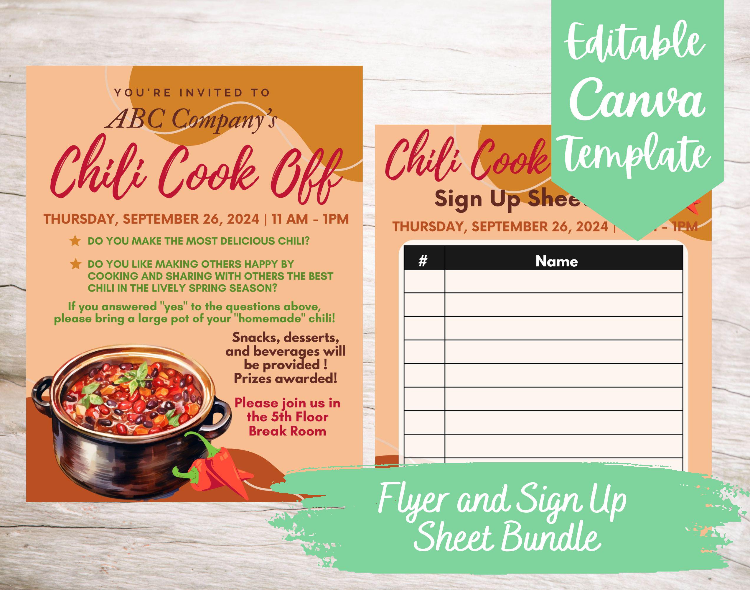 Chili Cook off Event Flyer and Sign up Sheet Template Bundle, Editable ...