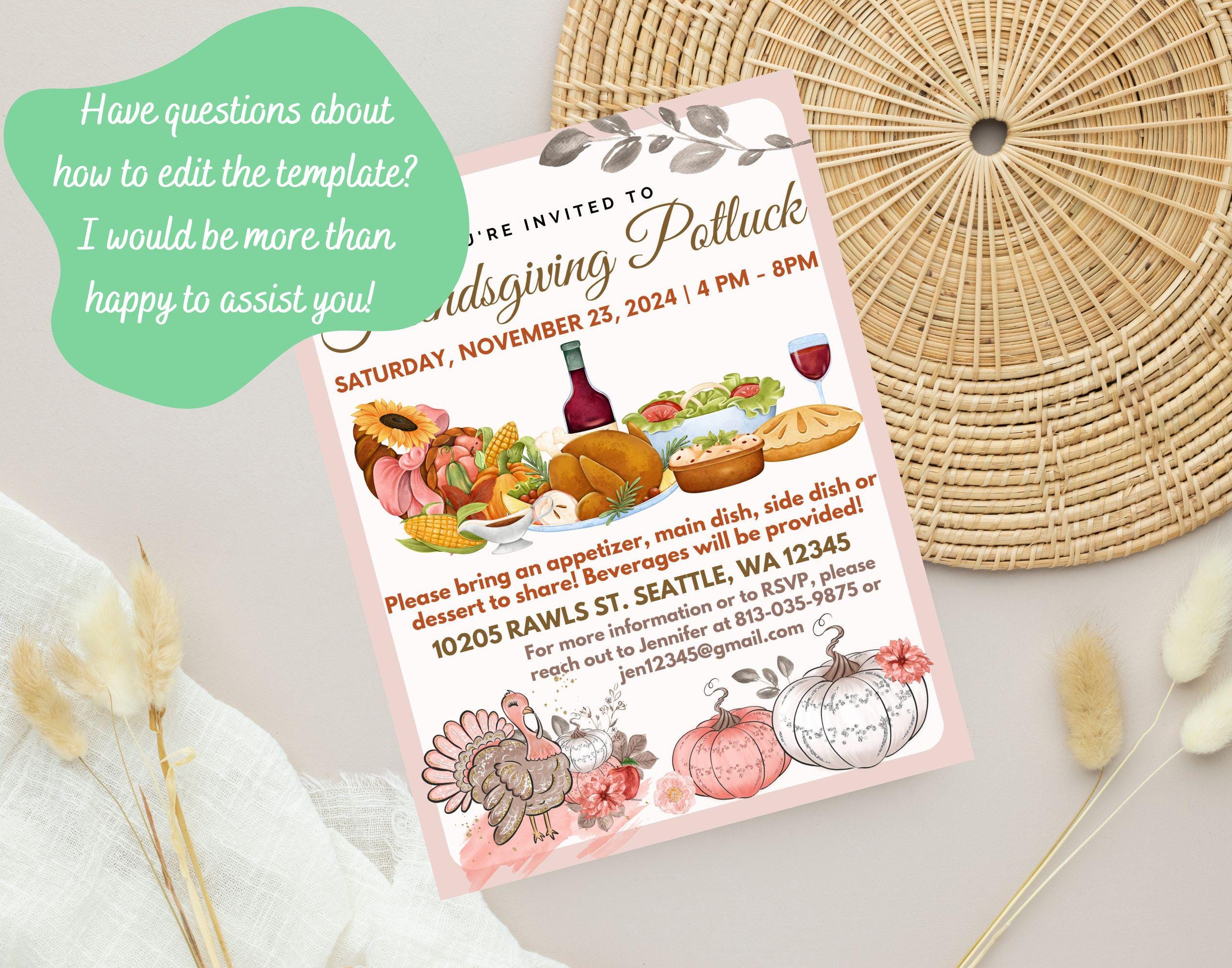 Friendsgiving Potluck Invitation Flyer Template, Editable and Printable ...