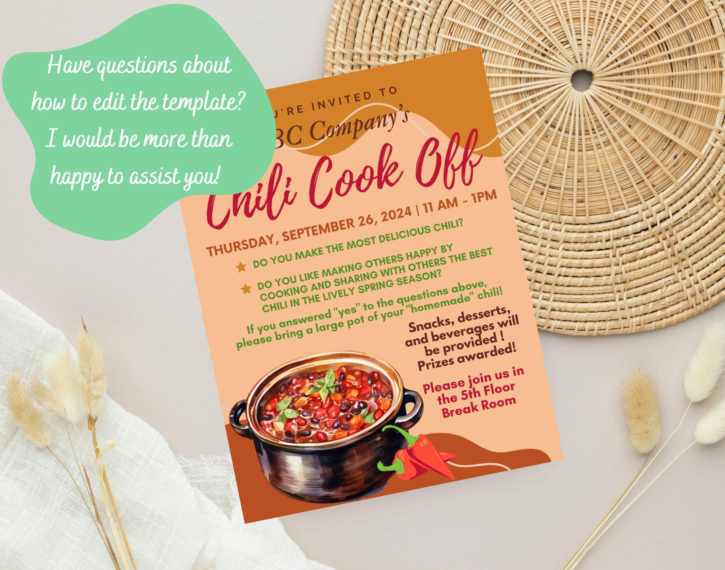 Office Chili Cook off Event Invitation Flyer Template, Editable and ...