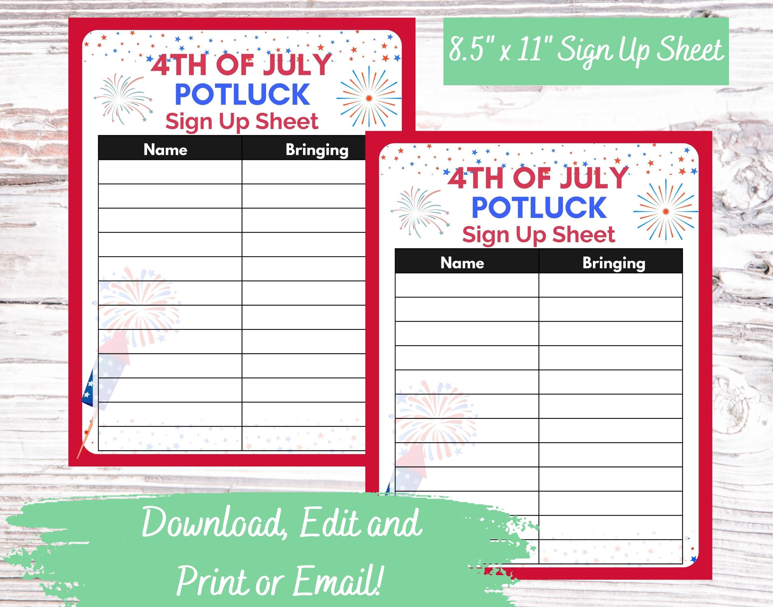 4th of July Red Potluck Sign up Sheet Template, Editable and Printable ...