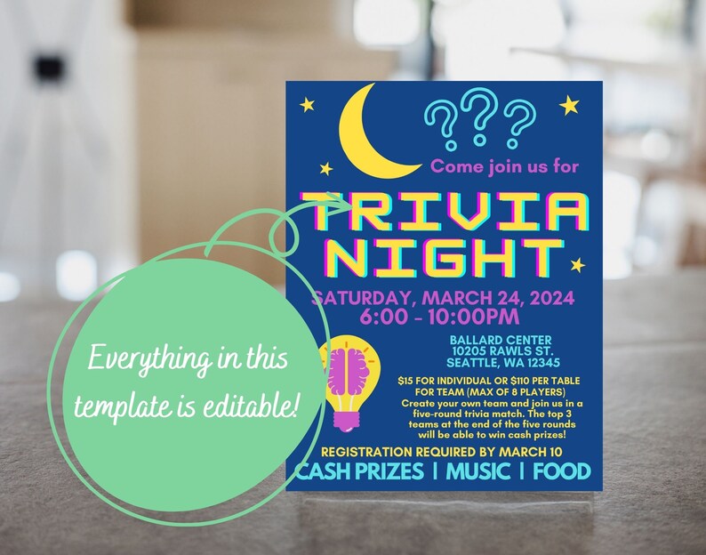 Trivia Night Event Invitation Flyer Template editable and Printable ...