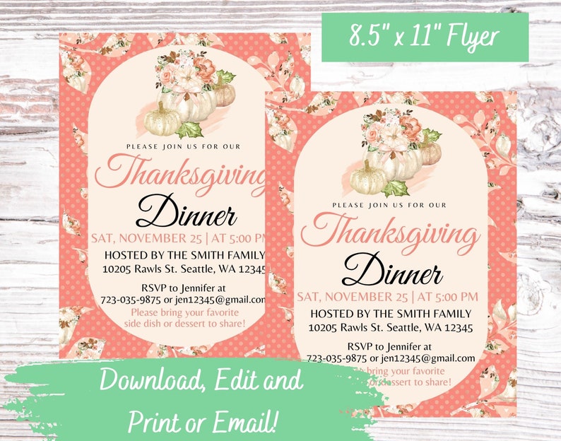 EDITABLE and Printable Pink Floral Thanksgiving Dinner Invitation ...