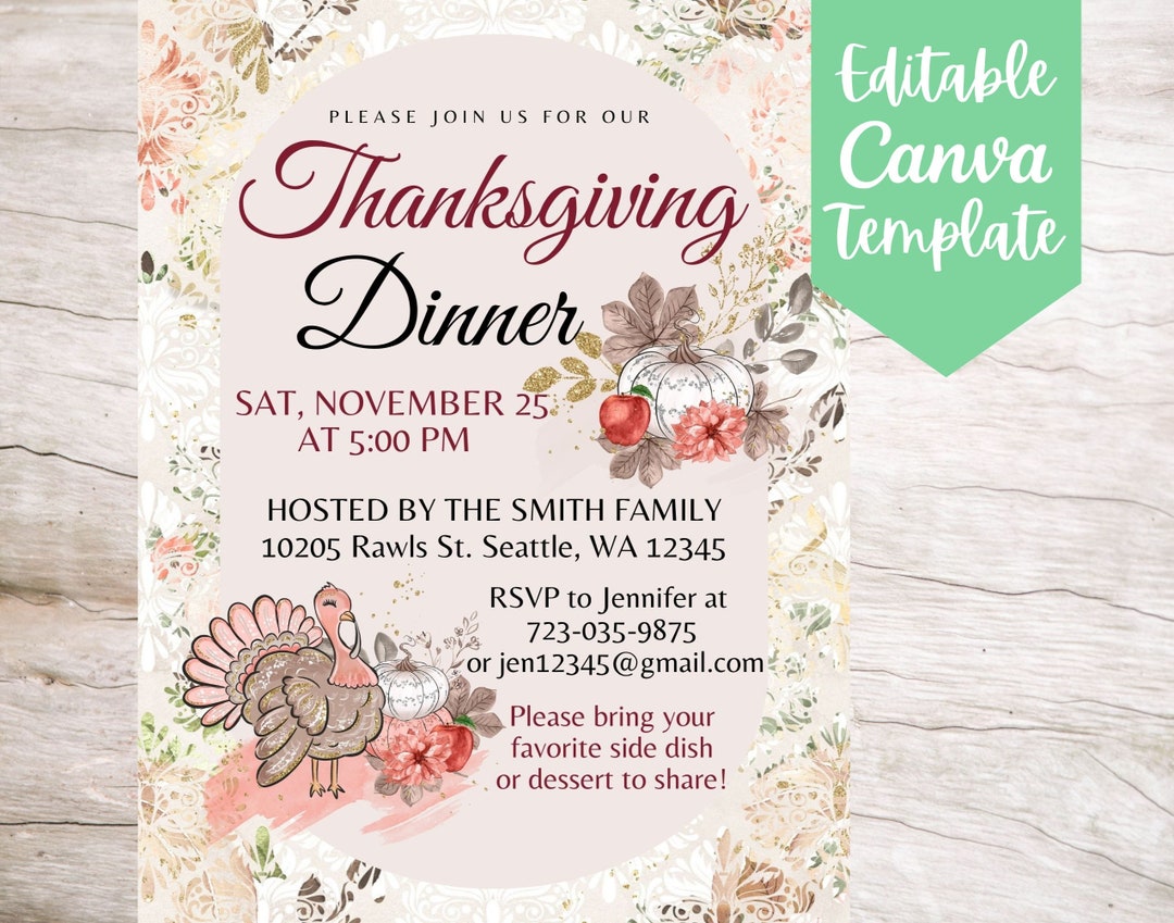 EDITABLE and Printable Floral Thanksgiving Dinner Invitation Flyer ...