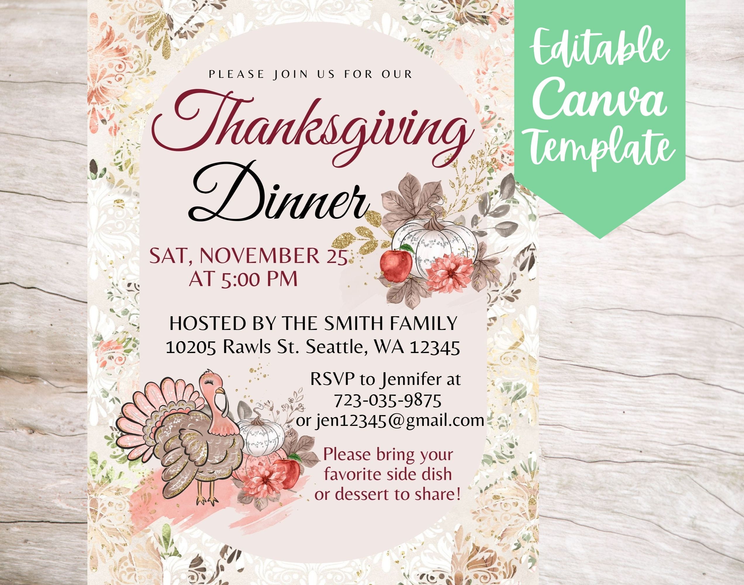 EDITABLE and Printable Floral Thanksgiving Dinner Invitation Flyer ...