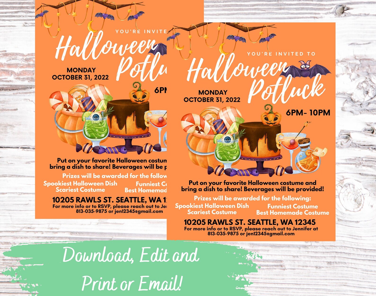 Editable and Printable Cute Halloween Potluck Invitation Flyer Template ...