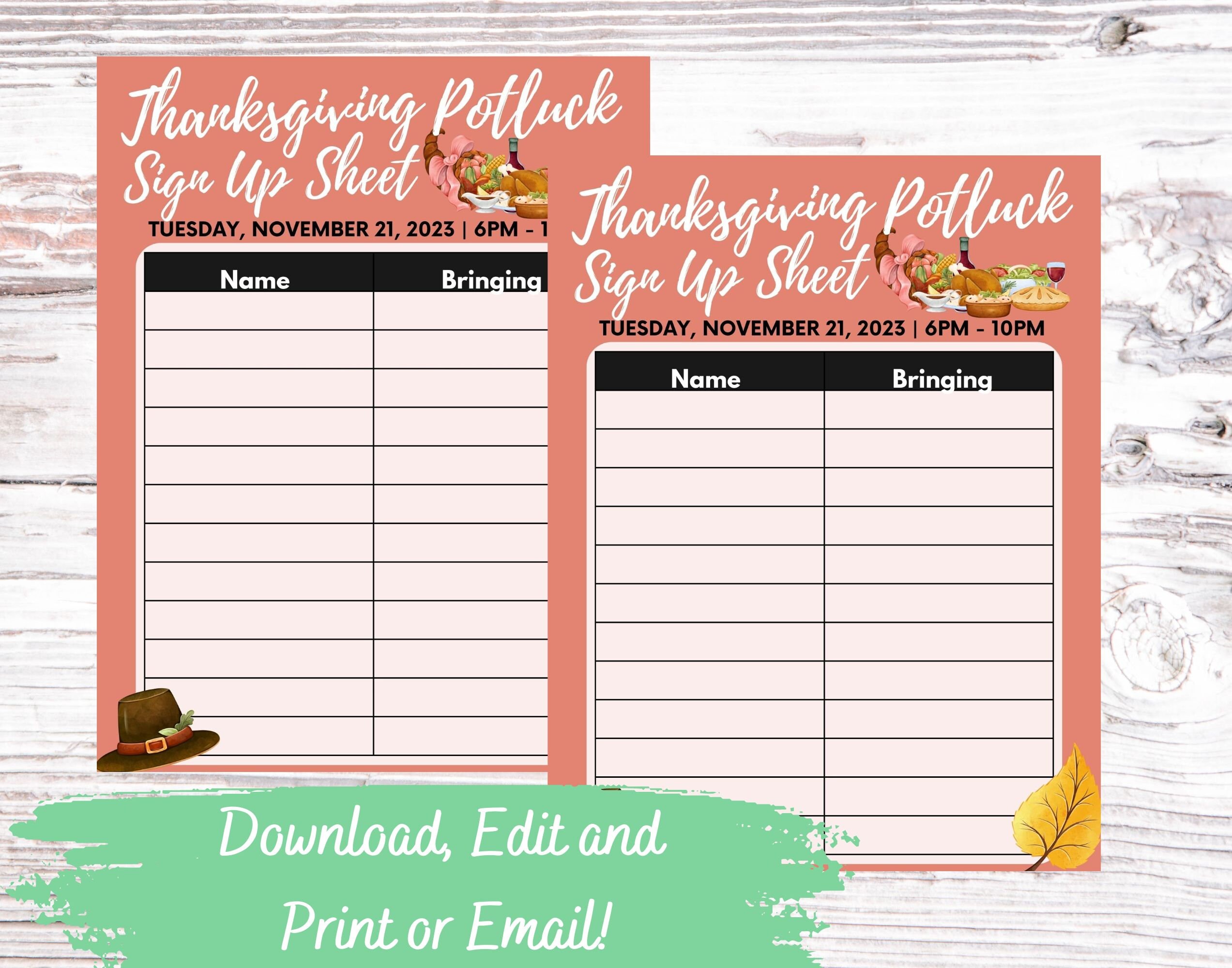 EDITABLE and Printable Thanksgiving Potluck Sign up Sheet Template ...