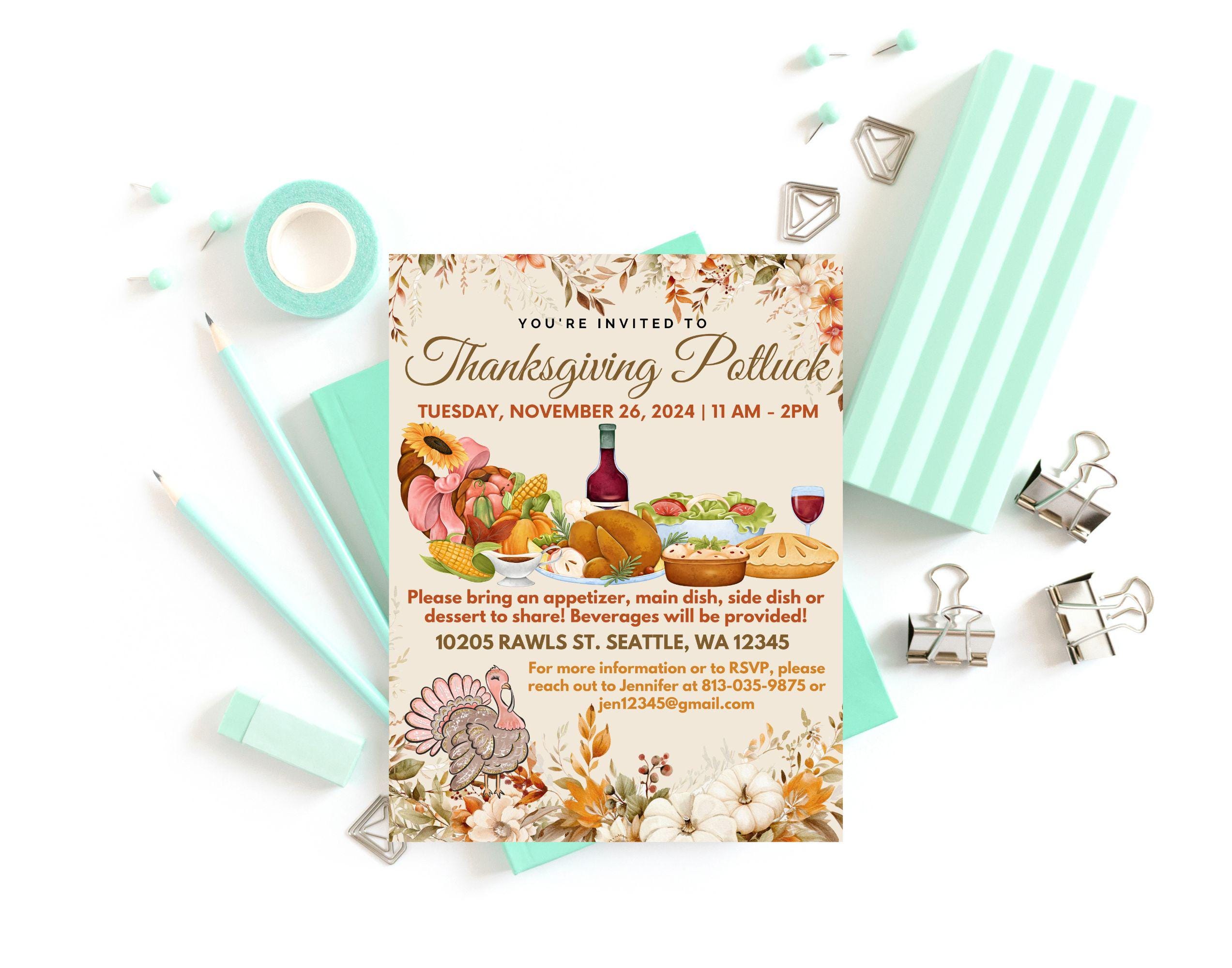 Thanksgiving Potluck Event Invitation Flyer Template, Editable and ...