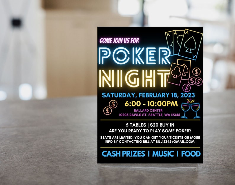 EDITABLE and Printable Neon Poker Night Invitation Flyer Template ...