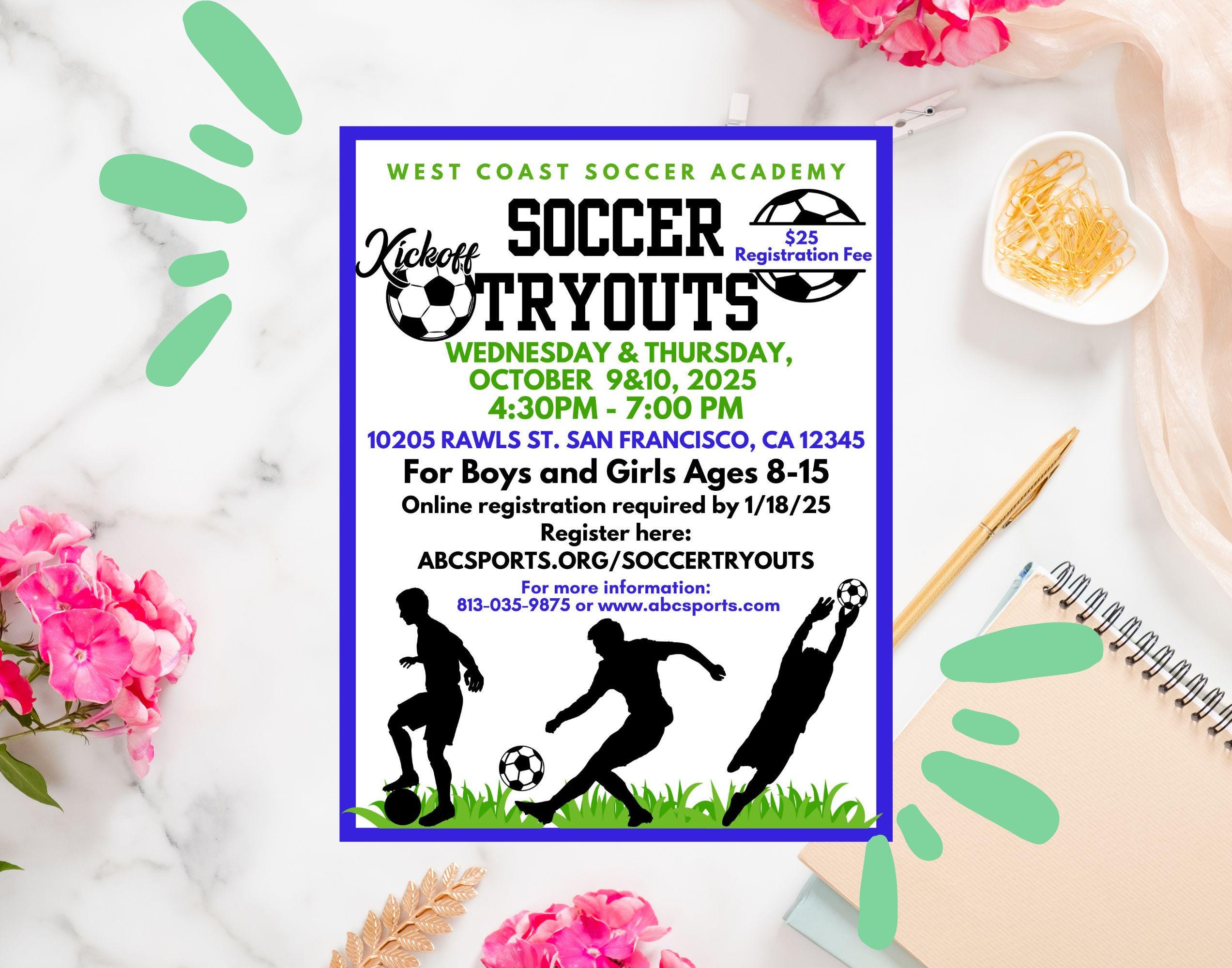 School Soccer Tryouts Invitation Flyer Template, Editable and Printable ...
