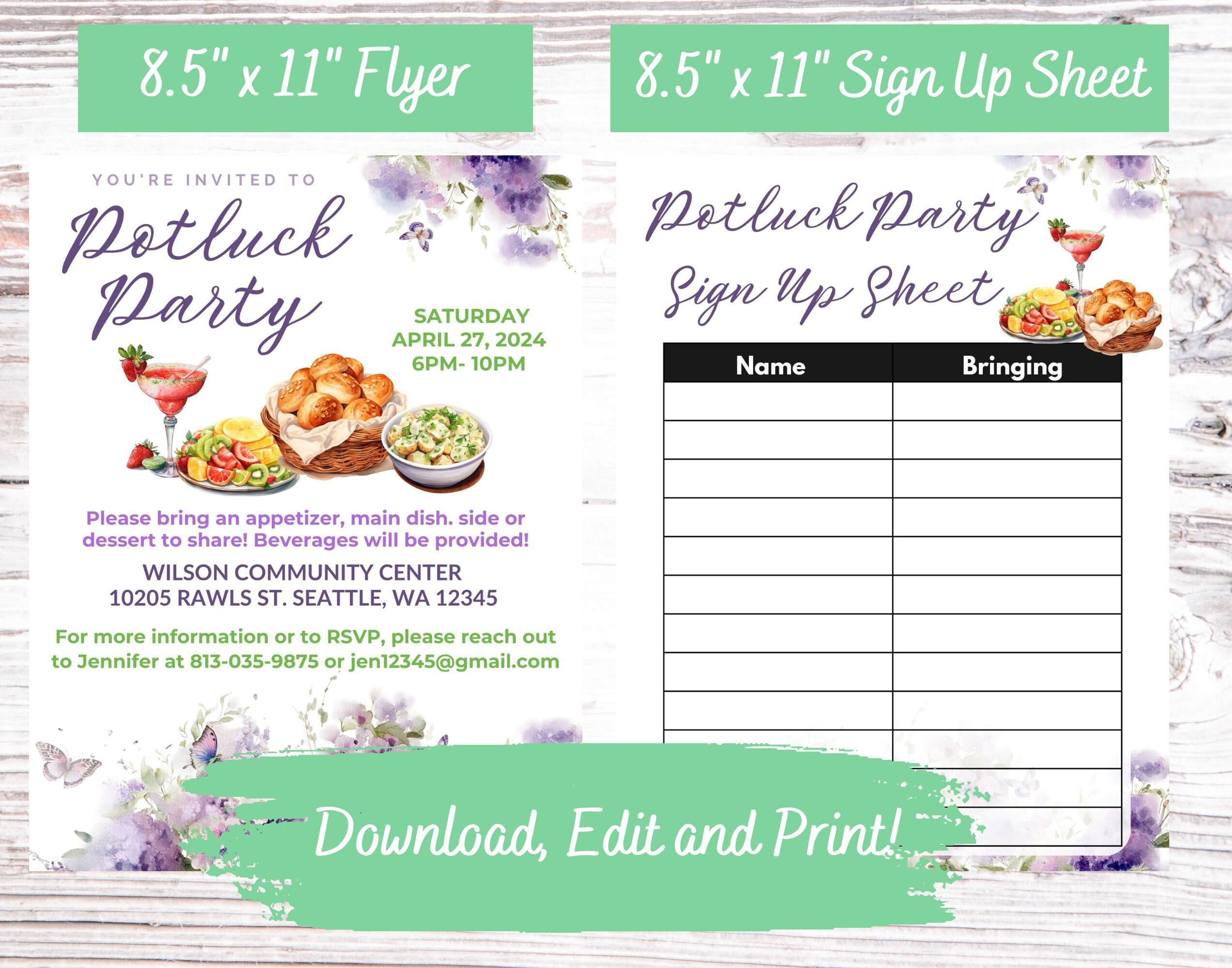 Spring Potluck Party Event Flyer and Sign up Sheet Template Bundle ...