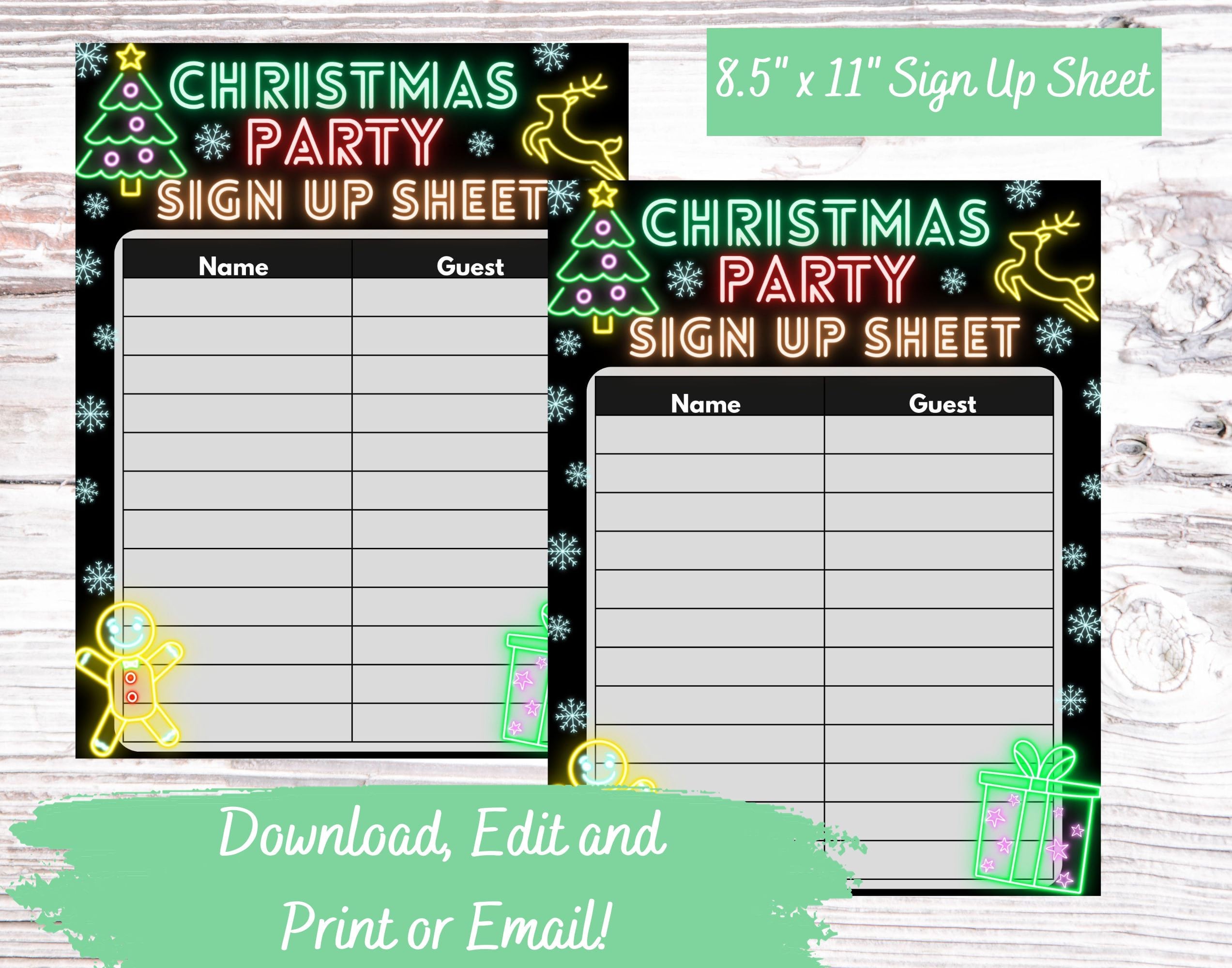 EDITABLE and Printable Neon Christmas Party Sign up Sheet Template ...